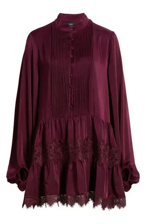 Bardot Antonia Lace Trim Long Sleeve Satin Minidress - Mulberry