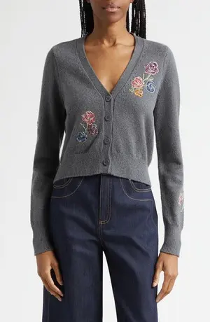 Cinq À Sept Nikko Floral Ribbons Cotton Blend Cardigan - Dark Grey