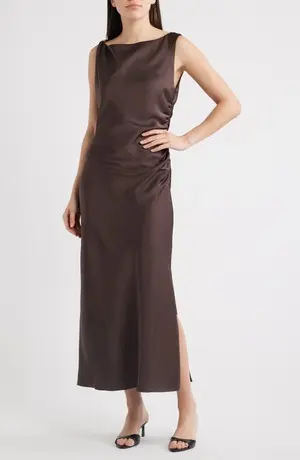 Sam Edelman Ruched Satin Maxi Dress - Espresso