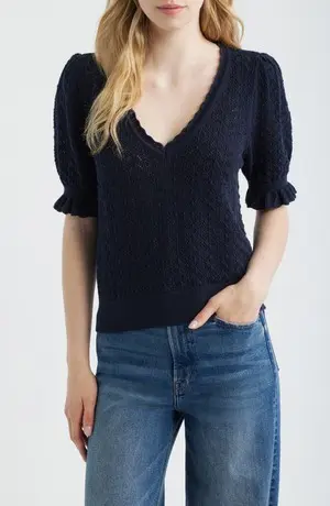 Paige Haisley Pointelle Stitch Organic Cotton & Silk Blend Sweater - Deep Navy