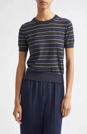 Vince Stripe Short Sleeve Cotton & Cashmere Sweater T-shirt - Dark Thyme Combo