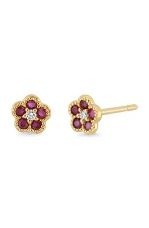 Bony Levy El Mar Diamond & Gemstone Flower Stud Earrings - 18k Yellow Gold/ruby