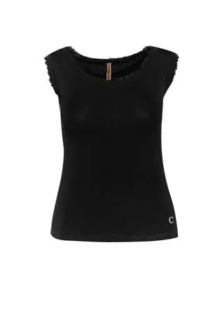 CONQUISTA Raw Edge Detail Fashion Top - Black
