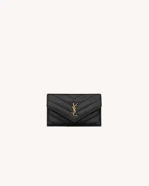 Saint Laurent Cassandre Matelassé Fragments Flap Card Case In Grain De Poudre Leather - Black