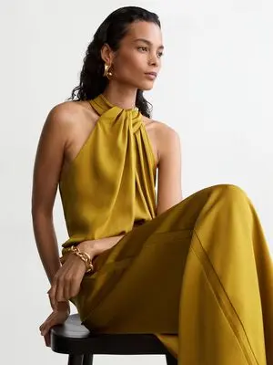 REISS Finley Satin Draped Wide-leg Jumpsuit - Chartreuse Green