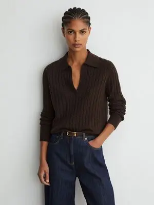 REISS Millie Wool-cashmere Cable-knit Collared Jumper - Grape Burgundy