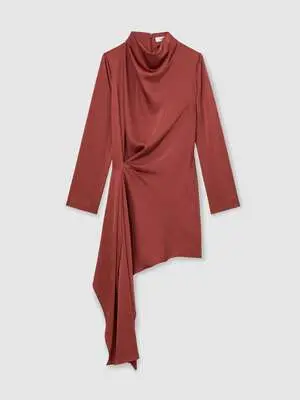 REISS Bethany Draped Long Sleeve Mini Dress - Rust Orange