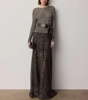 Ralph Lauren Foiled Silk Chiffon Maxi Skirt - Gold