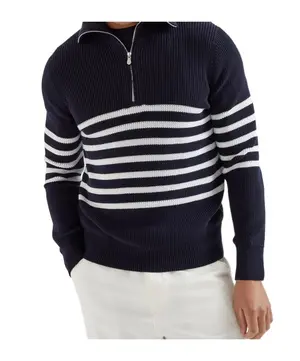 Brunello Cucinelli Half-zip English Rib Striped Jumper - Navy Blue