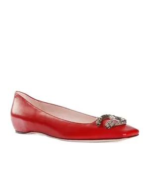 Gucci Square-toe Ballet Flats With Silver Tiger Detail - Red