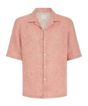 Brunello Cucinelli Linen Easy Fit Short Sleeve Shirt With Camp Collar