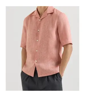 Brunello Cucinelli Linen Easy Fit Short Sleeve Shirt With Camp Collar