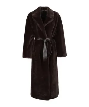 Pinko Long Faux Fur Coat With Belt - Brown