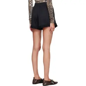 GANNI Elastic Waist Shorts With Ruffle Hem - Black