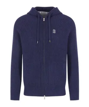 Brunello Cucinelli Logo Embroidered Zipped Cardigan - Blue