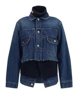 Sacai Layered Knit Hem Denim Jacket - Blued/navy