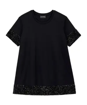 Emporio Armani Short-sleeved Viscose Jumper With Sequined Cuffs And Hem - Black