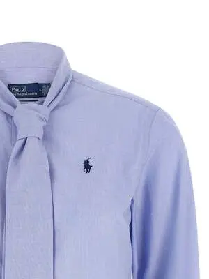 Polo Ralph Lauren Tie Neck" Embroidered Logo Button-up Shirt - Blue