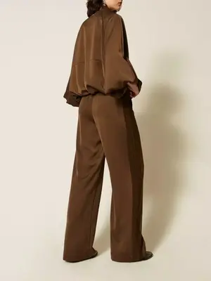 TWINSET Satin Palazzo Trousers With Matte Side Panels - Dark Brown