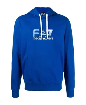 EA7 Logo-print Rib-trimmed Hoodie - Blue