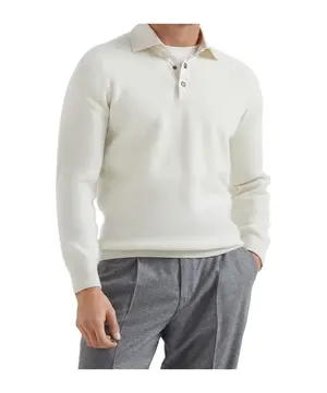 Brunello Cucinelli English Rib Knit Twill Spread Collar Polo Shirt