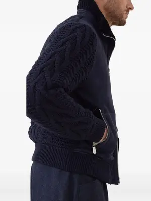 Brunello Cucinelli High-neck Zip-up Bomber Jacket With Cable Knit Sleeves