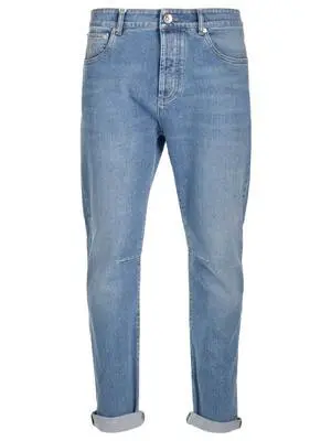 Brunello Cucinelli Tapered Leg Jeans With Logo Patch - Blue