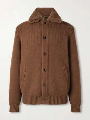 TOM FORD Bouclé-trimmed Ribbed Cashmere Cardigan - Brown