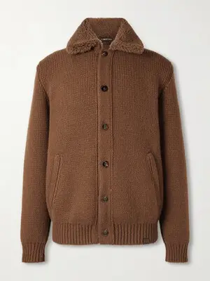 TOM FORD Bouclé-trimmed Ribbed Cashmere Cardigan - Brown