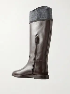 Brunello Cucinelli Leather And Wool Zip-up Boots With Monili Beading