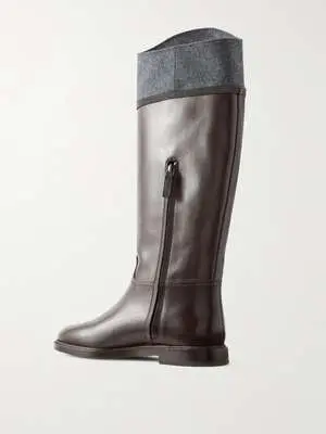 Brunello Cucinelli Bead-embellished Wool-trimmed Leather Ankle Boots