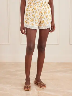 Miguelina Celestine Floral Print Lace Trimmed Linen Shorts