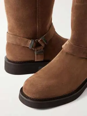 Brunello Cucinelli Bead-embellished Suede Biker Boots