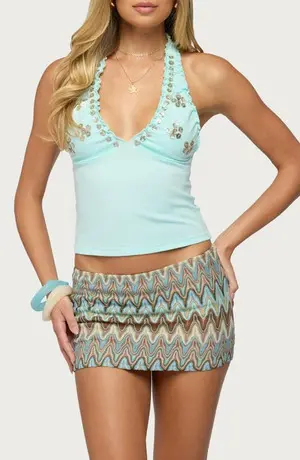 EDIKTED Chana Sequin Flower Halter Top