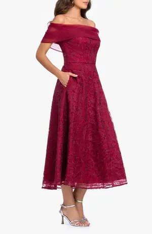 Betsy & Adam Embroidered Off The Shoulder Midi Gown