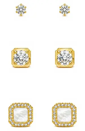 LA MENO Set Of 3 Classic Sparkle Stud Earrings - Gold