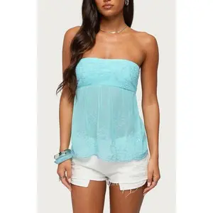 EDIKTED Corra Rhinestone Lace Strapless Top - Aqua