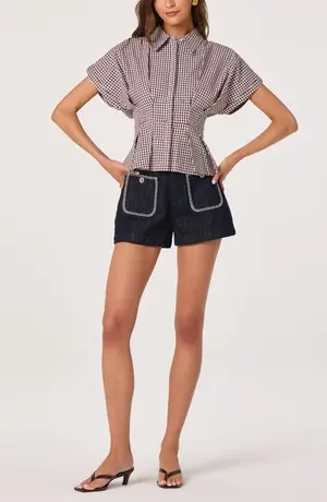 Astr The Label Beck Gingham Cotton Peplum Top