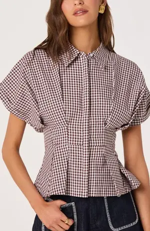Astr The Label Beck Gingham Cotton Peplum Top