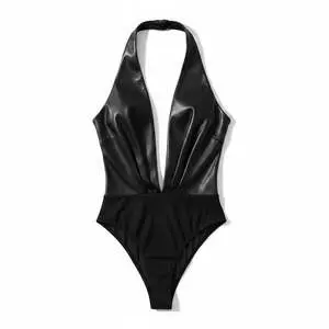 Andamane Faux Leather Halter Neck Bodysuit With Mesh Bottom - Black