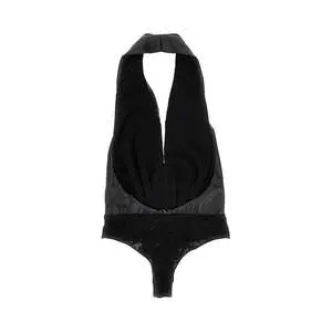 Andamane Faux Leather Halter Neck Bodysuit With Mesh Bottom - Black