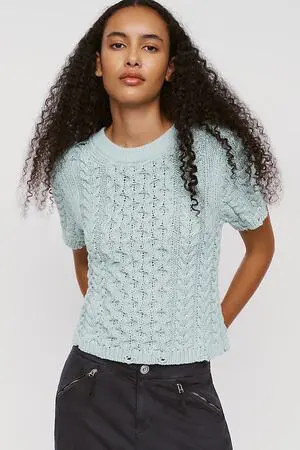 Anthropologie Cable-knit Short-sleeve Sweater - Mint