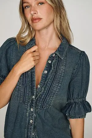 PILCRO Tallulah Cotton Denim Buttondown Top - Medium Denim