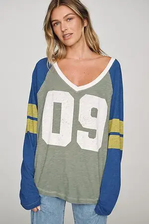 PILCRO Cotton Long-sleeve Varsity Shirt Top Green Pattern