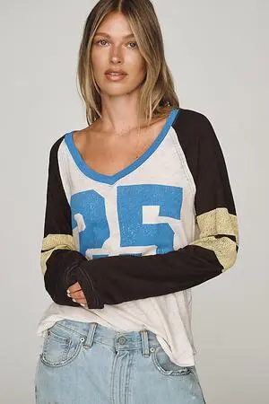 PILCRO Cotton Long-sleeve Varsity Shirt Top - Ivory Pattern
