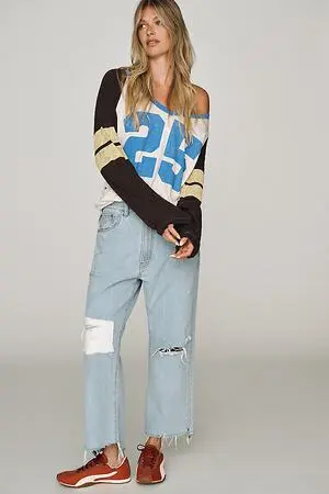 PILCRO Cotton Long-sleeve Varsity Shirt Top - Ivory Pattern