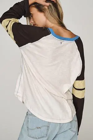 PILCRO Cotton Long-sleeve Varsity Shirt Top - Ivory Pattern