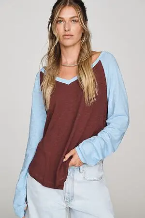 PILCRO Cotton V-neck Knit Top Brown