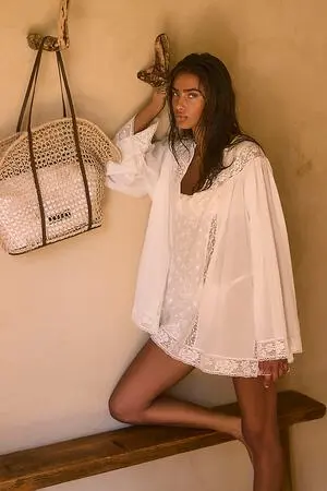Bhldn Cottage Cotton Sleep Shirt With Lace Insets And Billowed Sleeves