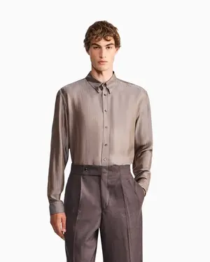 Giorgio Armani Shirt Regular Fit In Viscose And Silk Chevron Jacquard - Brown